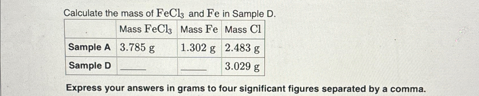 Solved Calculate the mass of FeCl3 ﻿and Fe ﻿in Sample | Chegg.com