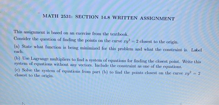 Solved MATH 2531: SECTION 14.8 WRITTEN ASSIGNMENT This | Chegg.com