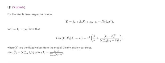 Solved Q1 (5 points) For the simple linear regression model | Chegg.com