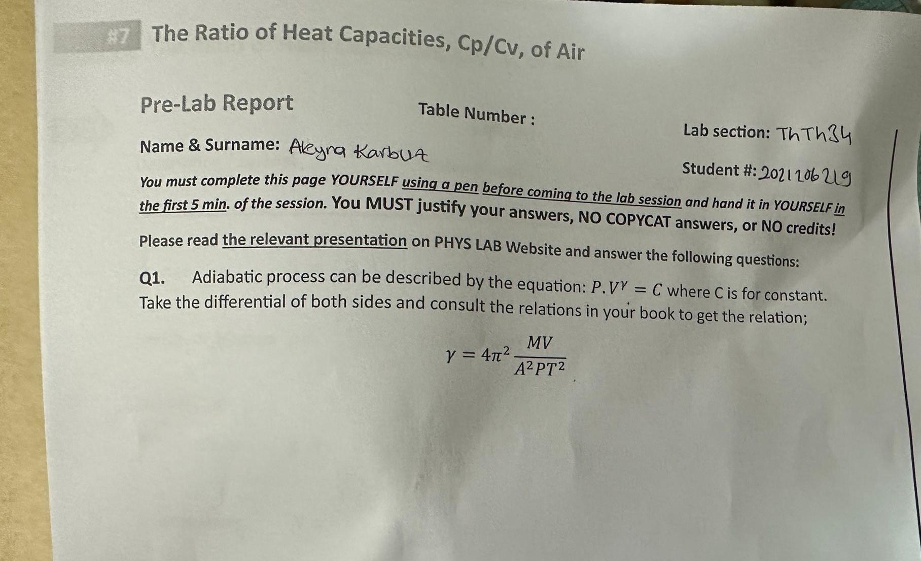 Solved The Ratio of Heat Capacities, CppCv, ﻿of AirPre-Lab | Chegg.com