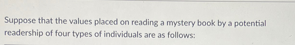 Solved Suppose that the values placed on reading a mystery | Chegg.com