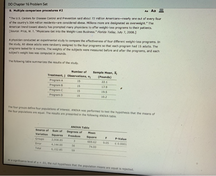 Solved DO Chapter 16 Problem Set 8. Multiple comparison | Chegg.com