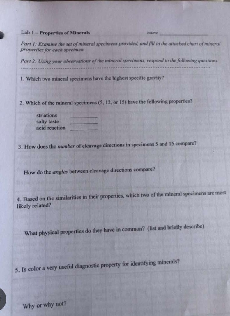 Solved Lab 1 - ﻿Properties of MineralsnamPart 1: Examine the | Chegg.com