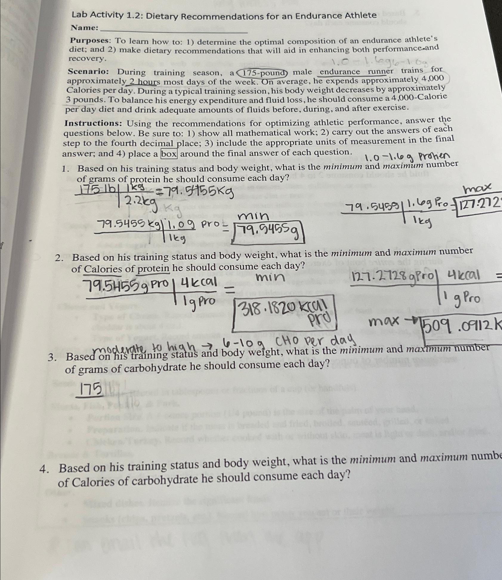 Solved Lab Activity 1.2: Dietary Recommendations for an | Chegg.com