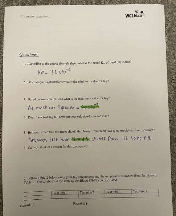 Solved Chemistry Equium WCLN.ca Data and Observations: 1. | Chegg.com