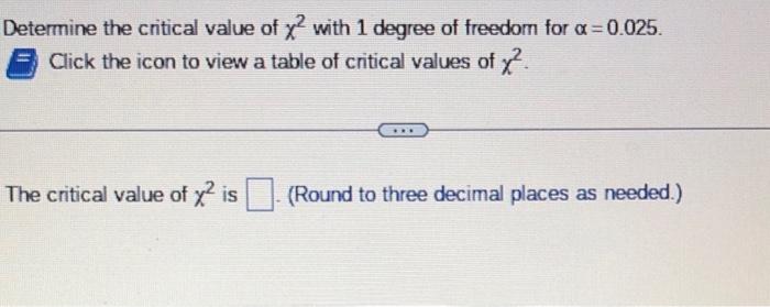 Solved Determine the critical value of χ2 with 1 degree of | Chegg.com
