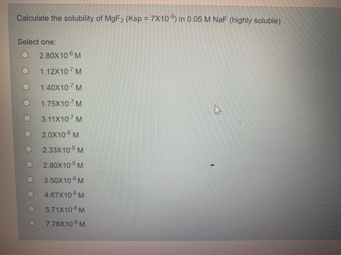 Solved Calculate the solubility of MgF2 (Ksp = 7X10%) in | Chegg.com