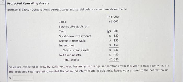 Solved Projected Operating Assets Berman & Jaccor | Chegg.com