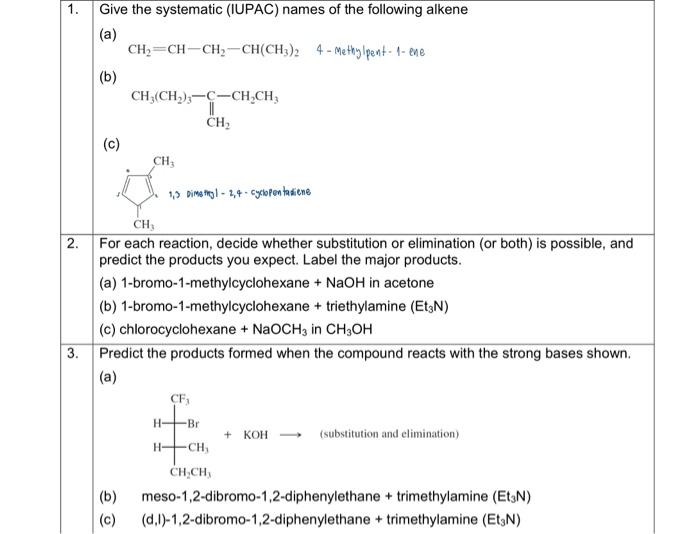 Solved 1. 2. 3. Give the systematic (IUPAC) names of the | Chegg.com