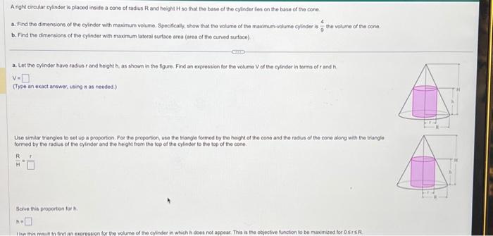 Solved A right ereular cylinder is placed inside a cone of | Chegg.com