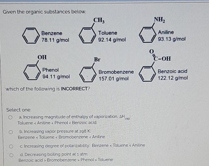 Solved Given the organic substances below. CH, , NH2 Benzene | Chegg.com