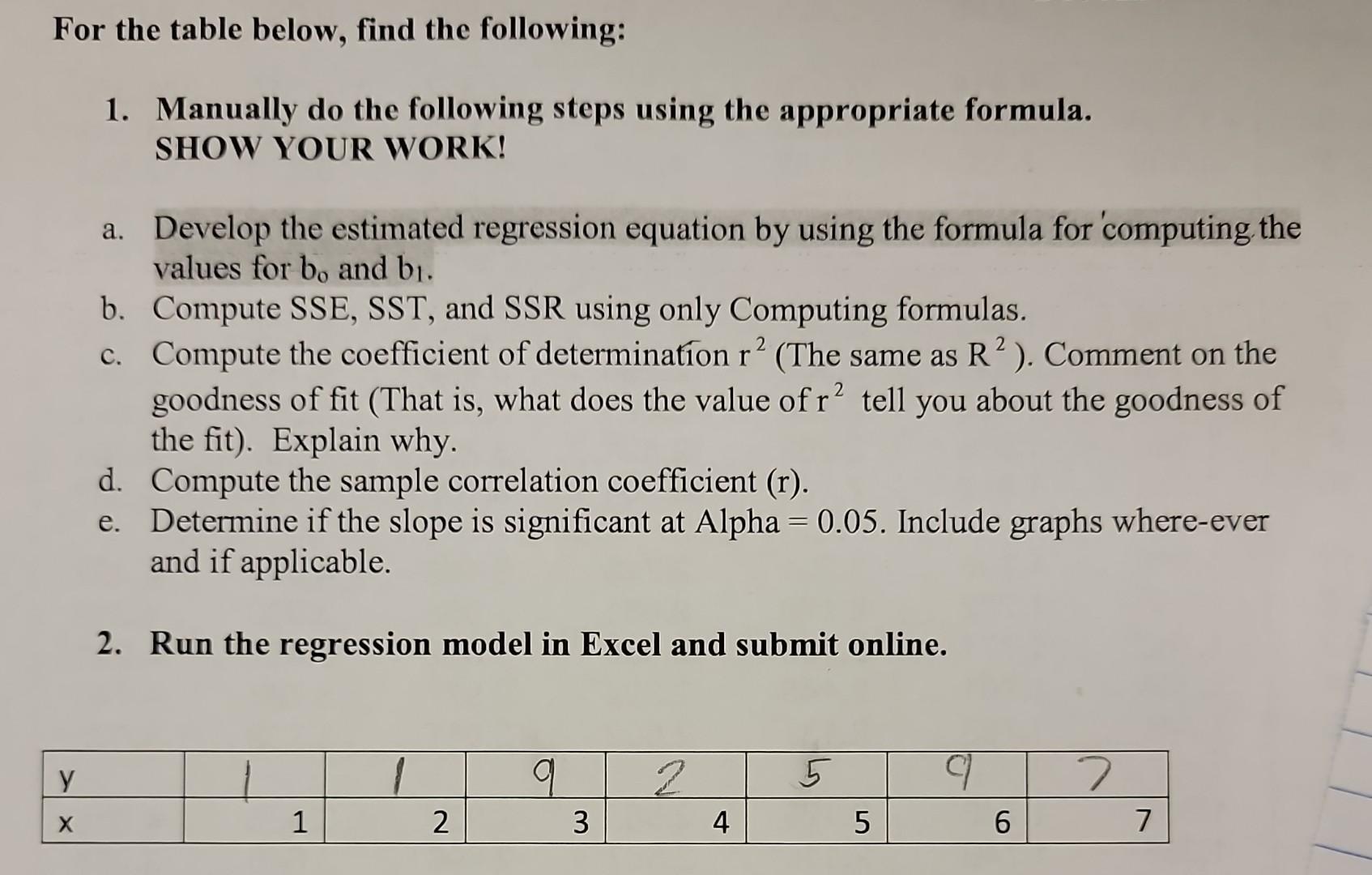 Solved For the table below, find the following: 1. Manually | Chegg.com