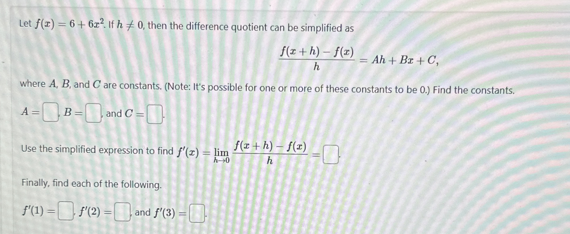 Solved Let f(x)=6+6x2. ﻿If h≠0, ﻿then the difference | Chegg.com