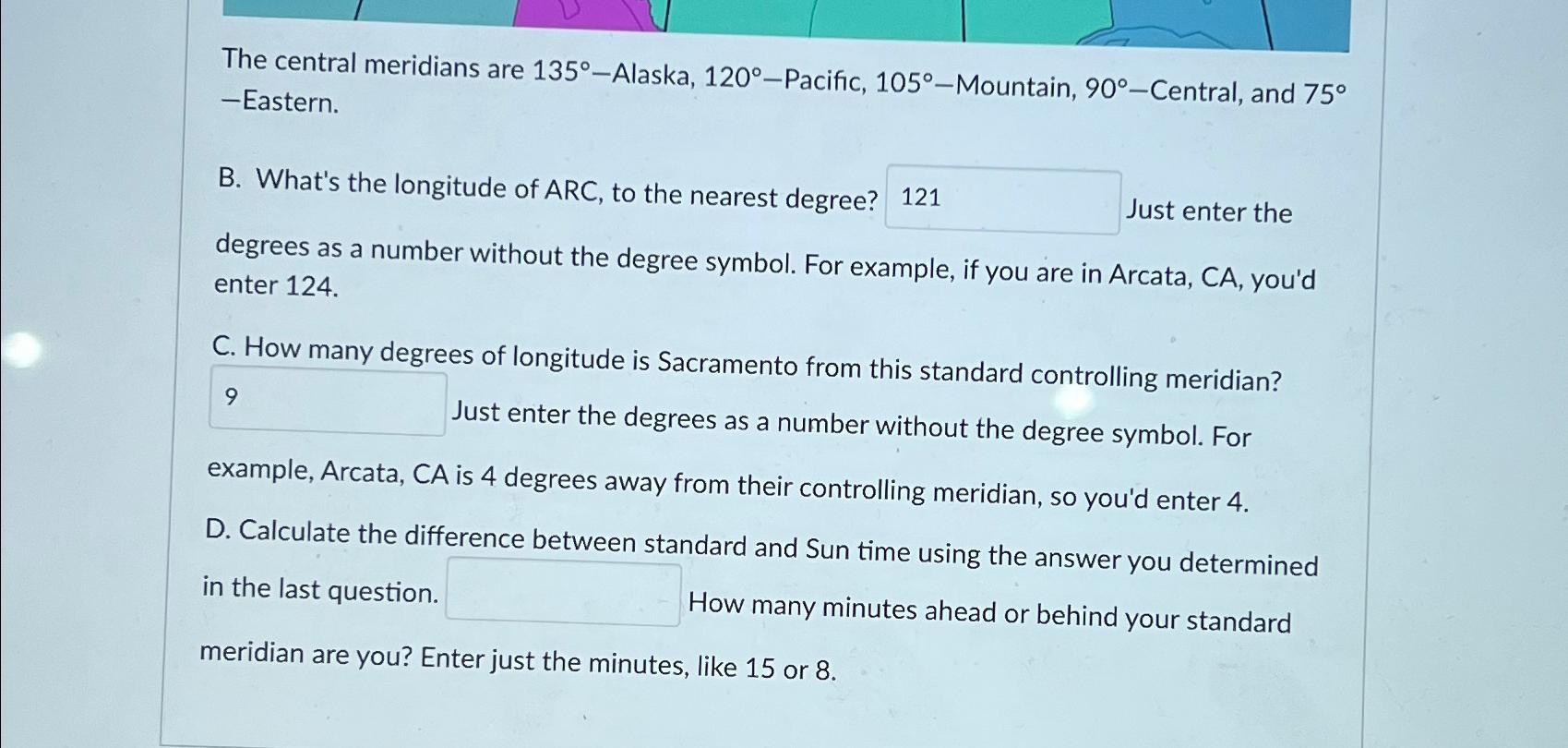 Solved The central meridians are 135\\\\deg -Alaska, | Chegg.com
