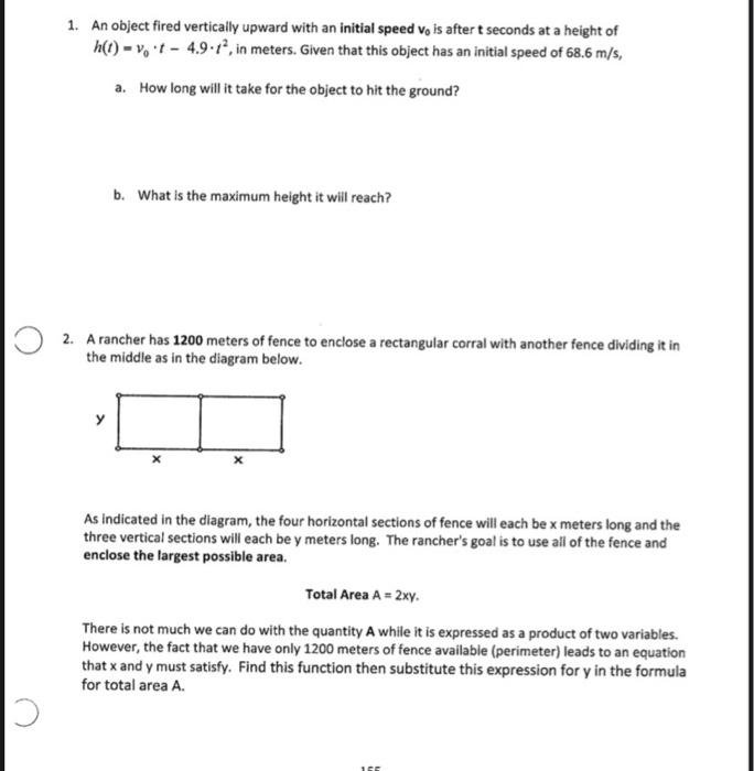 Solved 1. An object fired vertically upward with an initial | Chegg.com