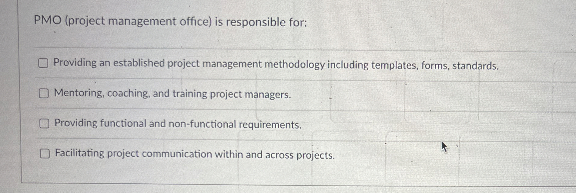 Solved PMO (project management office) ﻿is responsible | Chegg.com