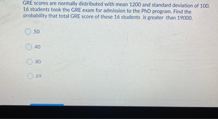 Solved GRE scores are normally distributed with mean 1200 | Chegg.com