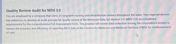 Solved Quality Review Audit for MDS 3.0 You are employed by | Chegg.com
