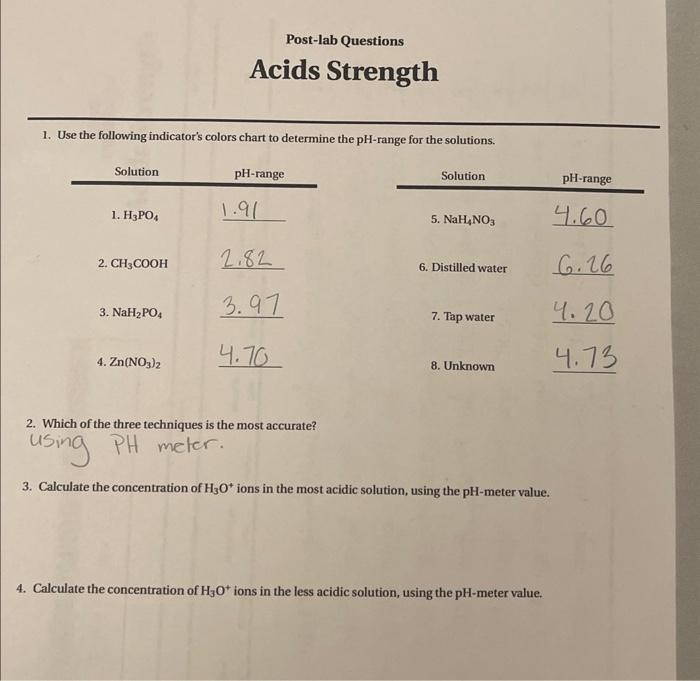Solved Post-lab Questions Acids Strength 1. Use the | Chegg.com