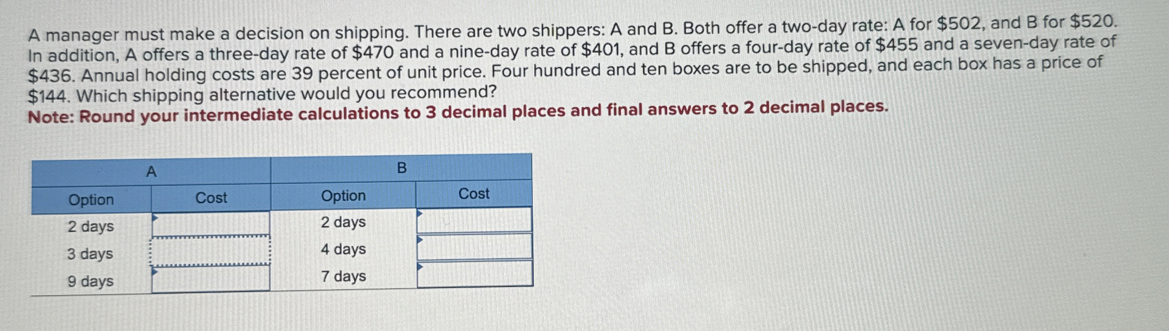 Solved A manager must make a decision on shipping. There are | Chegg.com