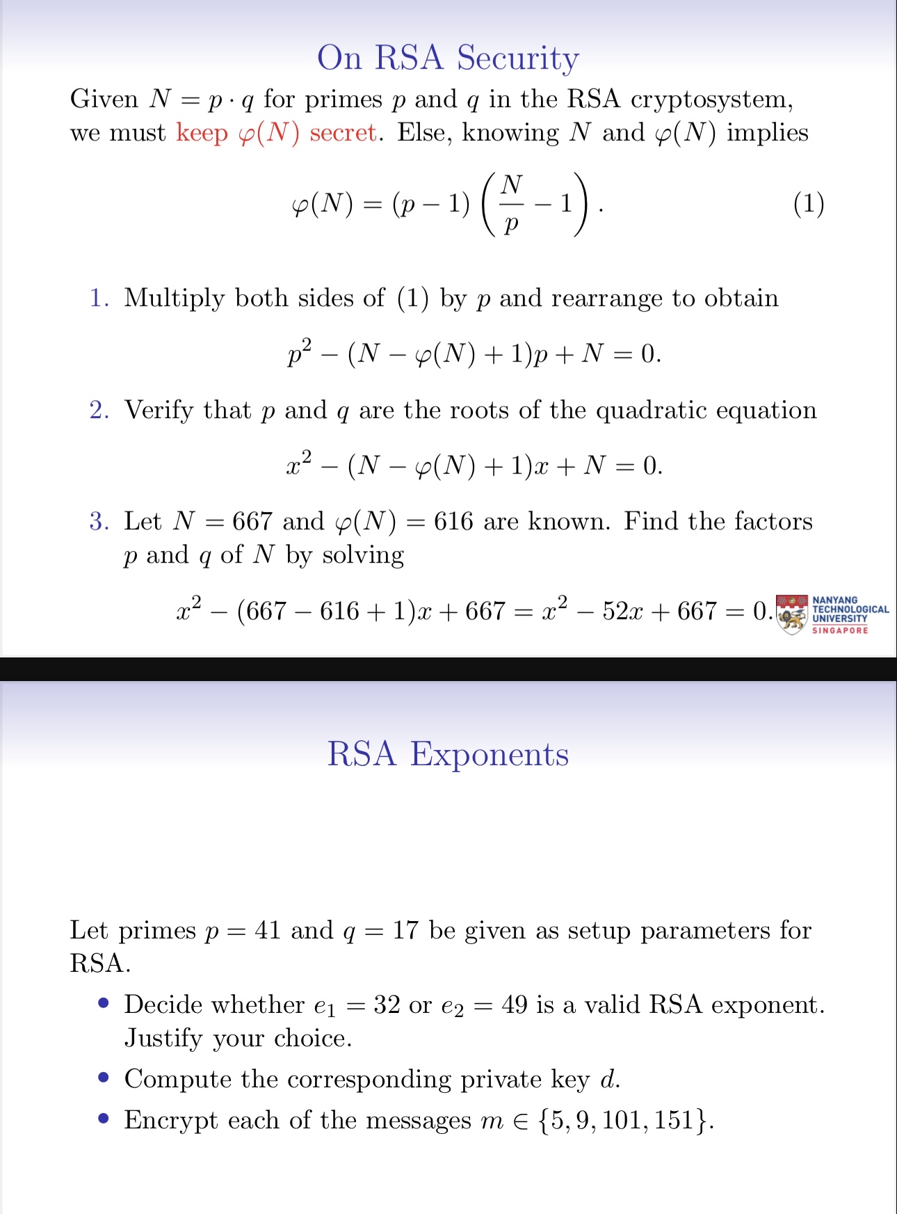 Solved On RSA SecurityGiven N=p*q ﻿for primes p ﻿and q ﻿in | Chegg.com