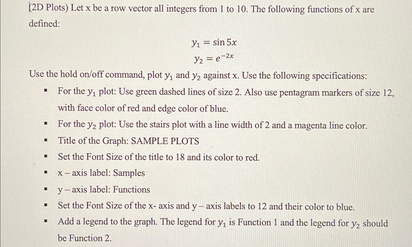Solved (2D Plots) ﻿Let x ﻿be a row vector all integers from | Chegg.com