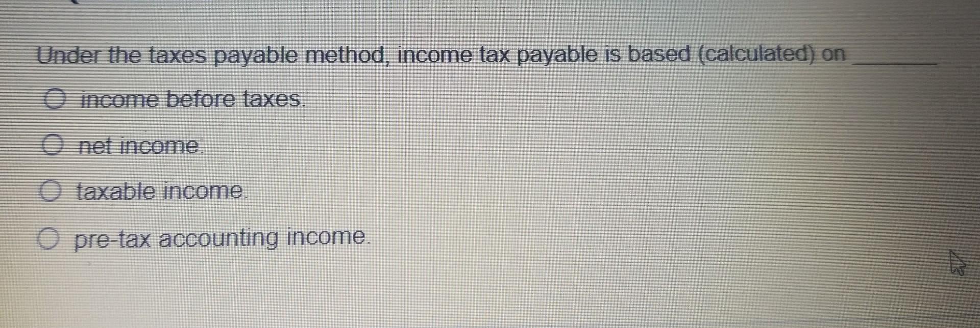 Solved Under the taxes payable method, income tax payable is | Chegg.com