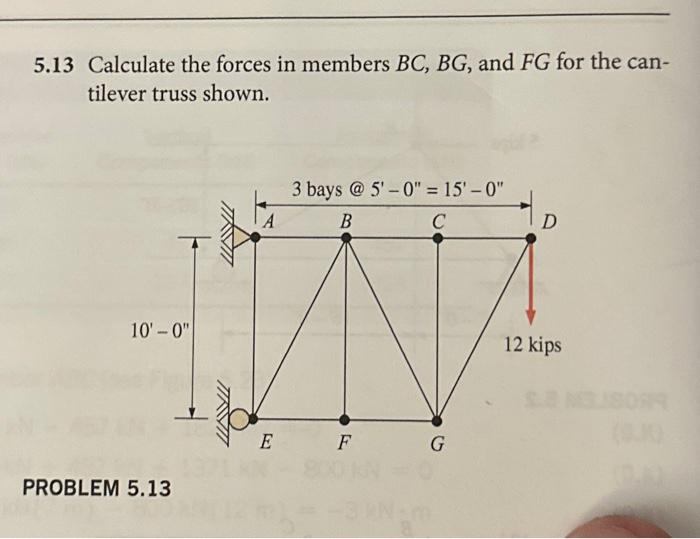 Solved 5.13 Calculate the forces in members BC, BG, and FG | Chegg.com