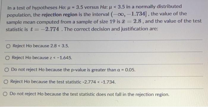 Solved In a test of hypotheses Ho: p = 3.5 versus Ha: u