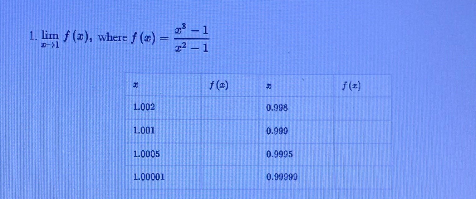 Solved limx→1f(x), ﻿where f(x)=x3-1x2-1\table[[π,f(x),x,f(x) | Chegg.com