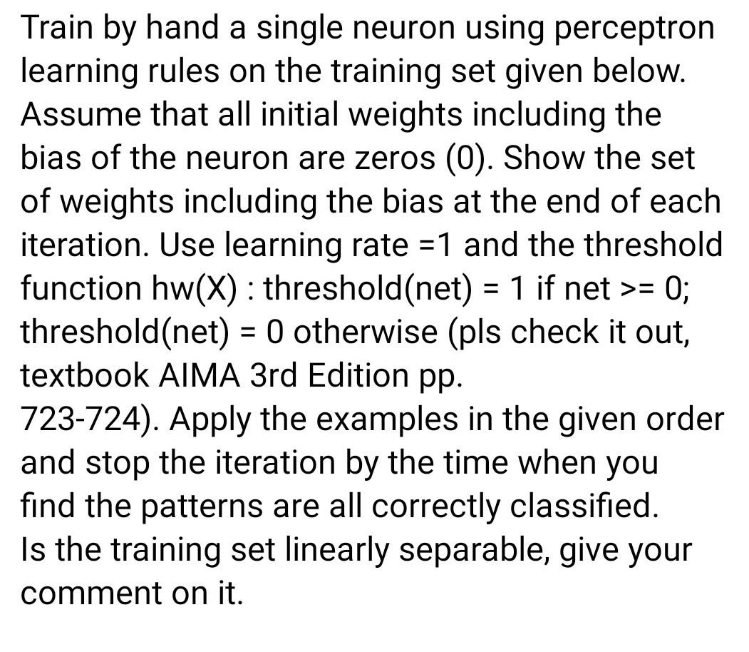 Solved = Train by hand a single neuron using perceptron | Chegg.com