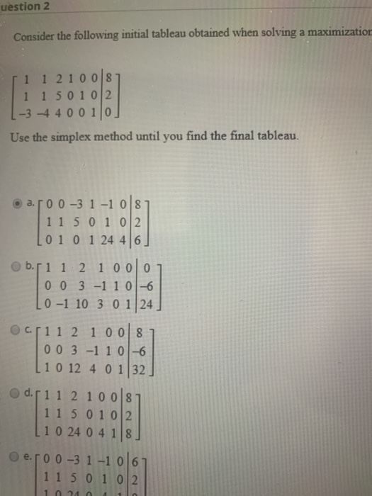 Solved uestion 2 Consider the following initial tableau | Chegg.com
