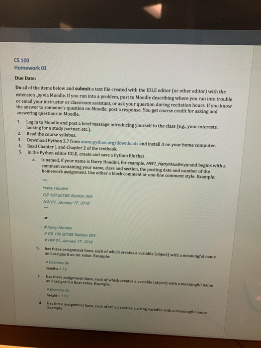Solved CS 100 Homework 01 Due Date: De all of the items | Chegg.com