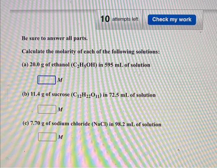 Solved Be sure to answer all parts. Calculate the molarity | Chegg.com