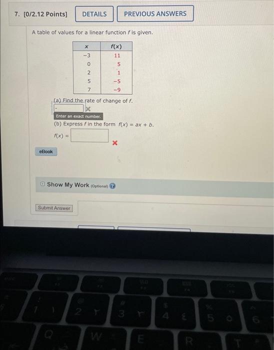 Solved A table of values for a linear function f is given. | Chegg.com