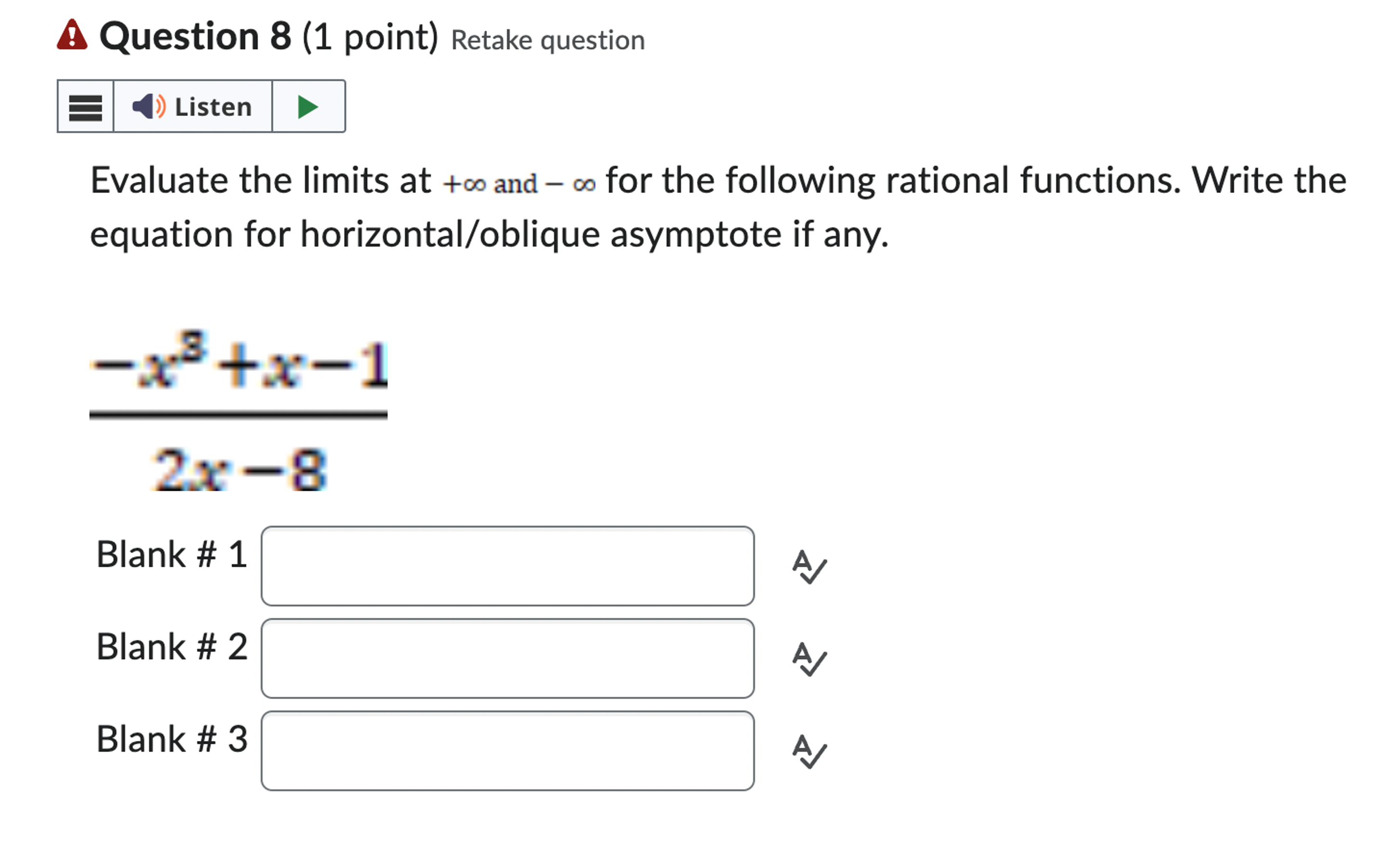 Solved Question 8 (1 point) Retake questionEEvaluate the | Chegg.com Solved Question 8 (1 point) Retake questionEEvaluate the | Chegg.com