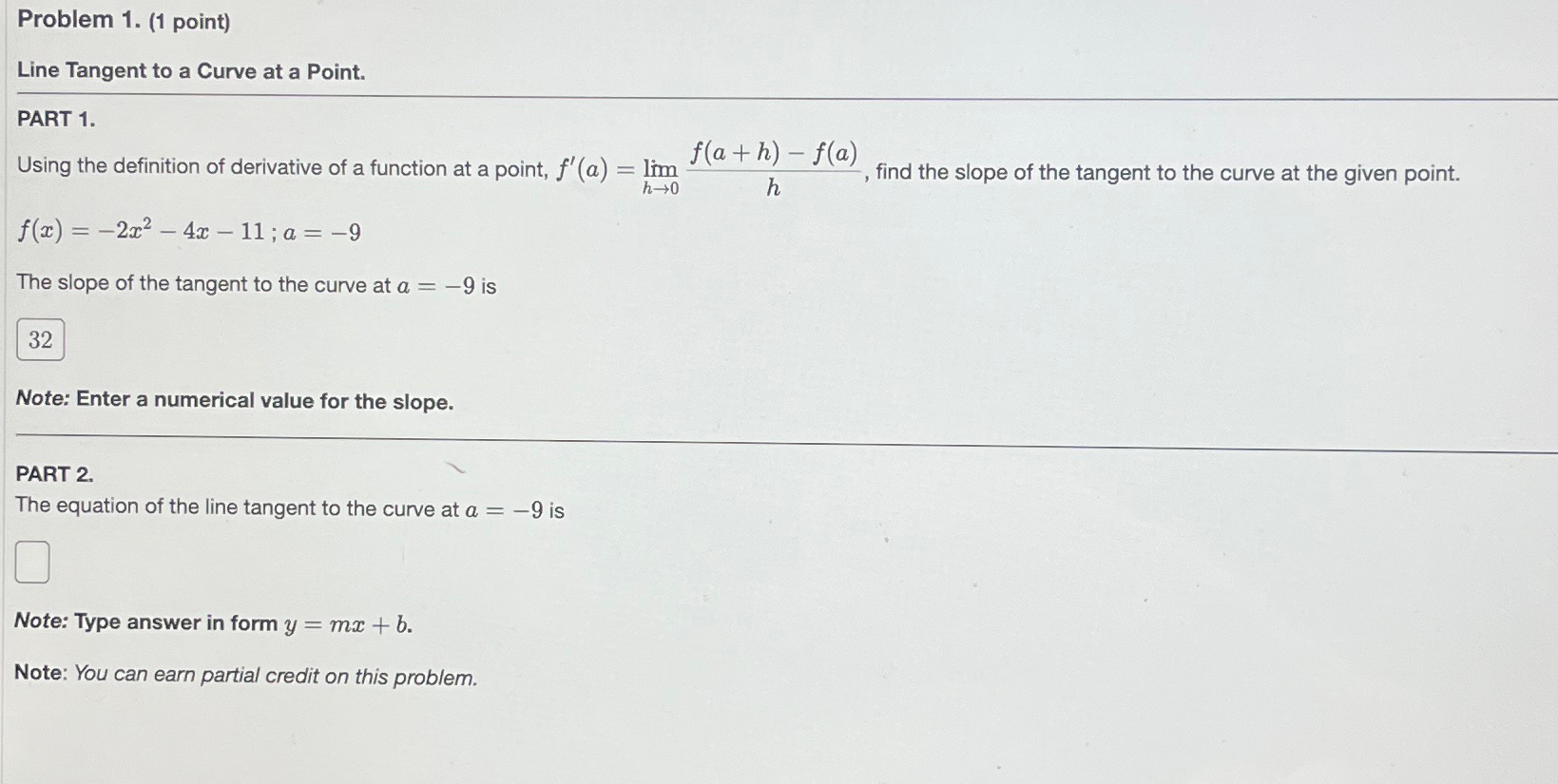 Solved Problem 1. (1 ﻿point)Line Tangent to a Curve at a | Chegg.com