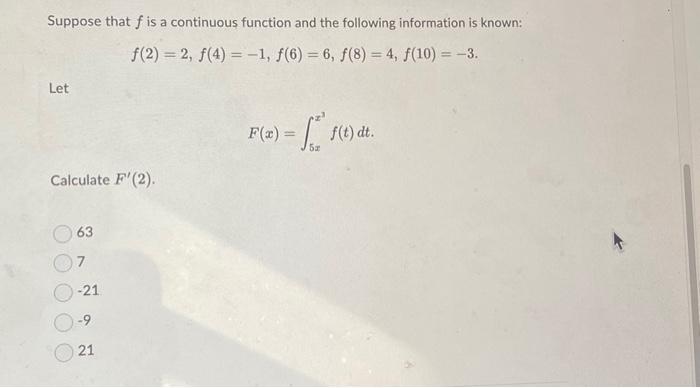 Solved Suppose that f is a continuous function and the | Chegg.com