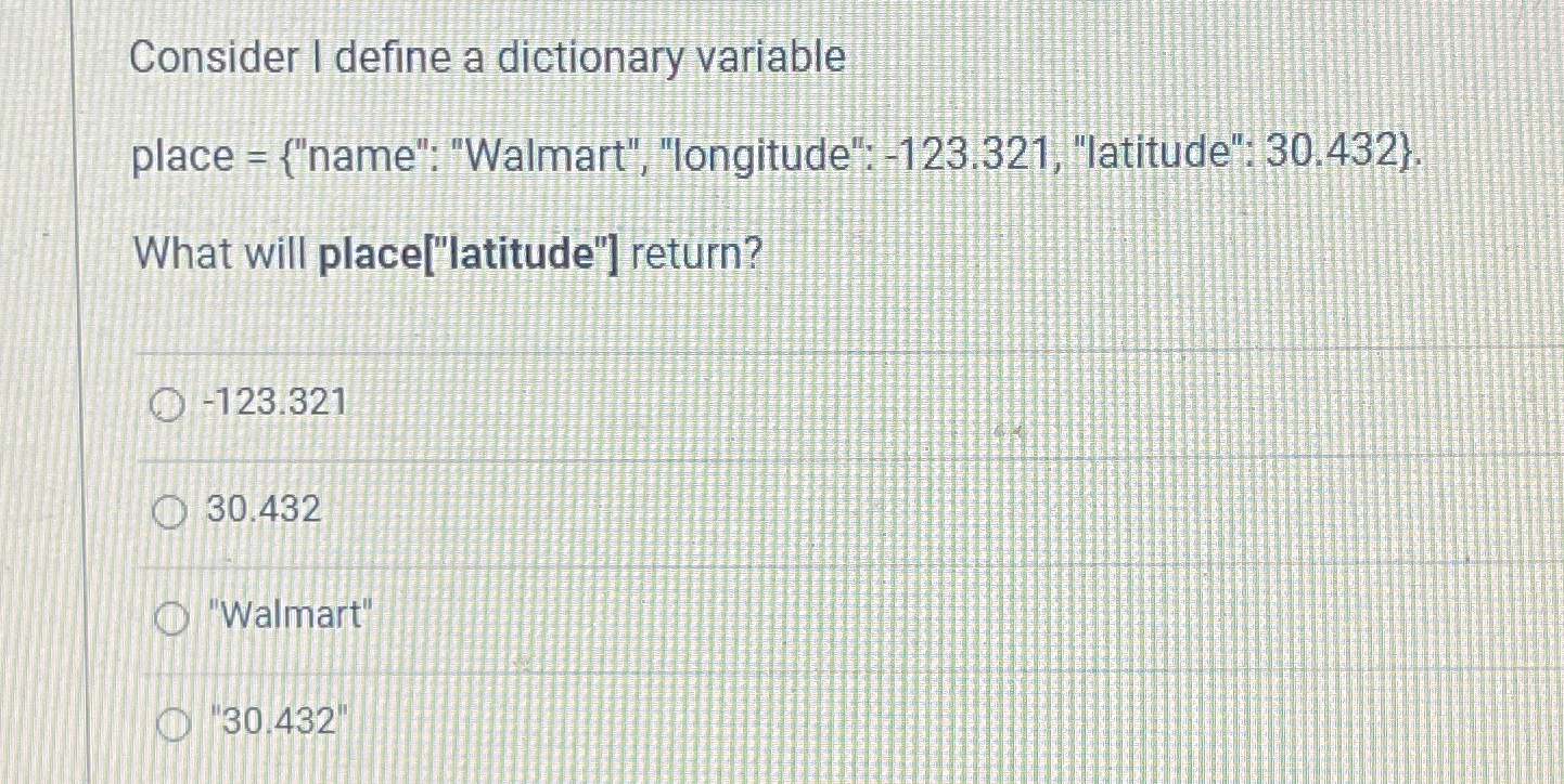 Solved Consider I define a dictionary variableplace "name": | Chegg.com