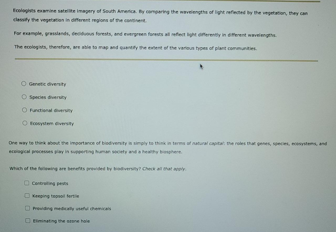 Solved 1. Biodiversity Ecologists are interested in | Chegg.com