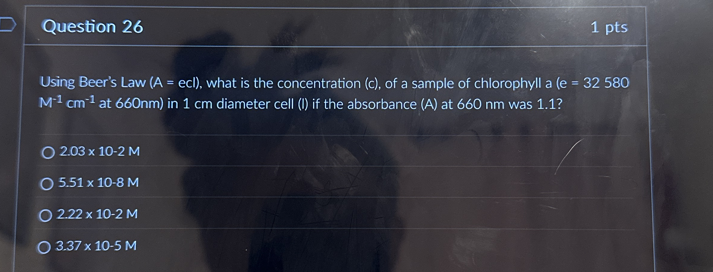Solved Question 261 ﻿ptsUsing Beer's Law ( A=ecl ), ﻿what is | Chegg.com