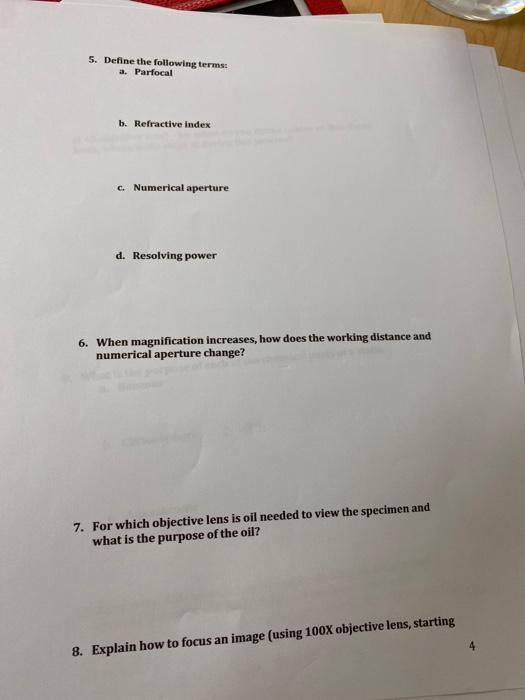 Solved 5. Define the following terms: a. Parfocal b. | Chegg.com