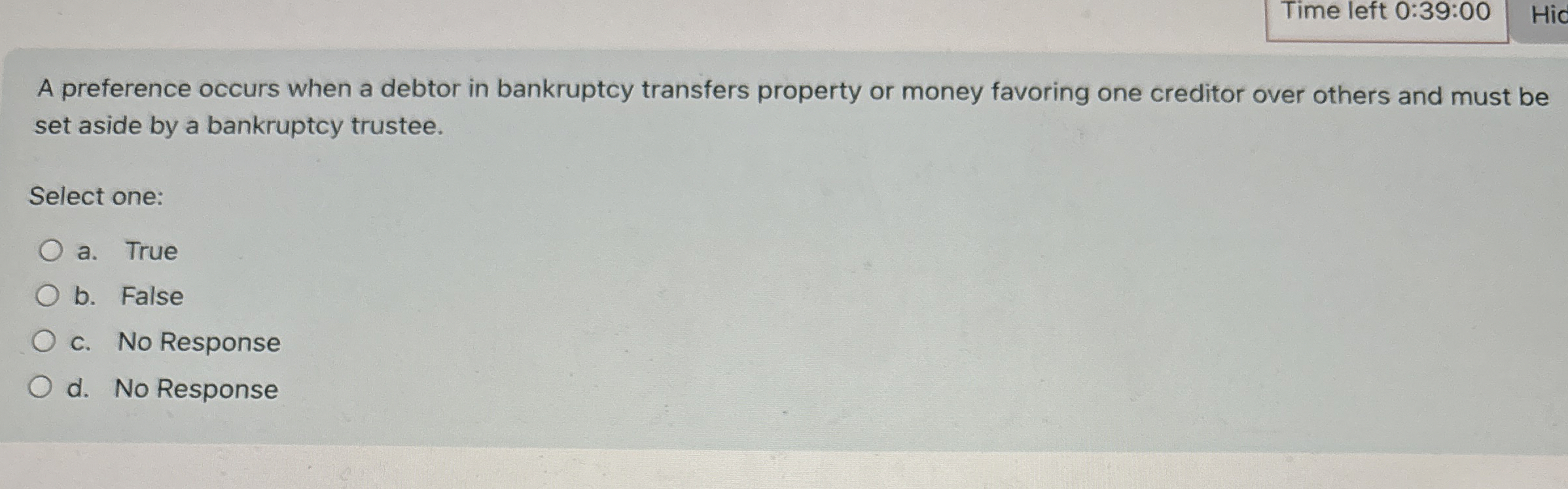 Solved A preference occurs when a debtor in bankruptcy | Chegg.com