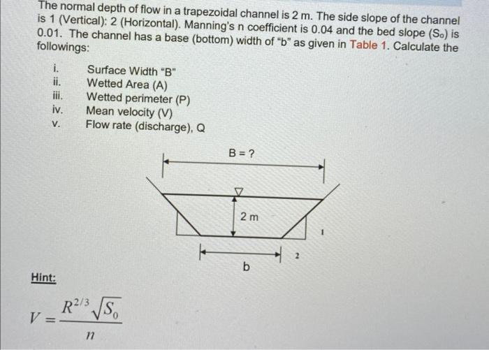 Solved The normal depth of flow in a trapezoidal channel is | Chegg.com