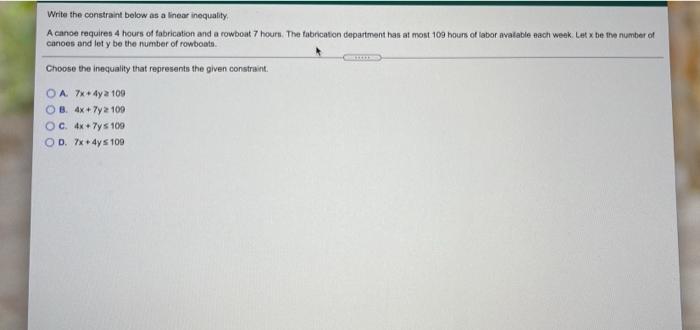 Solved Write the constraint below as a linear inequality, A | Chegg.com