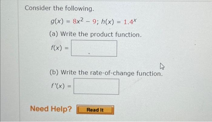 Solved Consider the following. g(x)=8x2−9;h(x)=1.4x (a) | Chegg.com