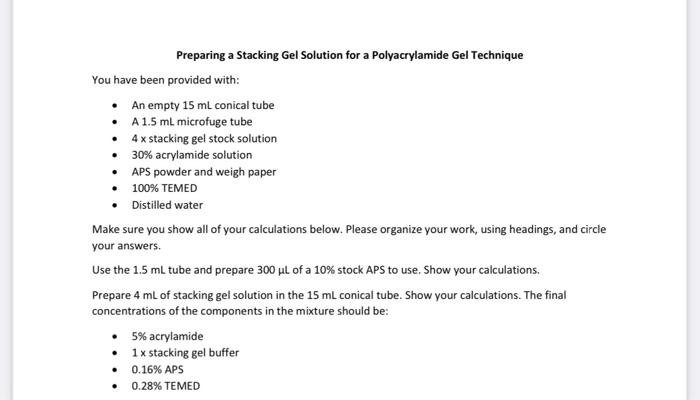 Solved Preparing a Stacking Gel Solution for a | Chegg.com