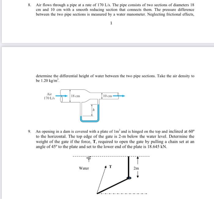 Solved 8. Air flows through a pipe at a rate of 170 L/s. The | Chegg.com
