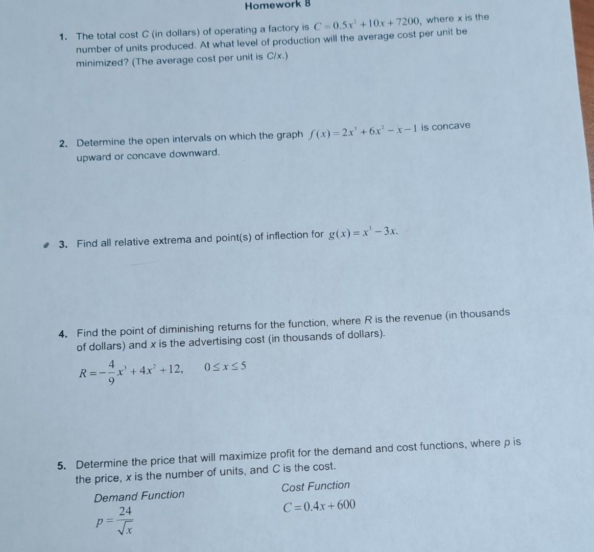 Solved 1. The total cost C (in dollars) of operating a | Chegg.com