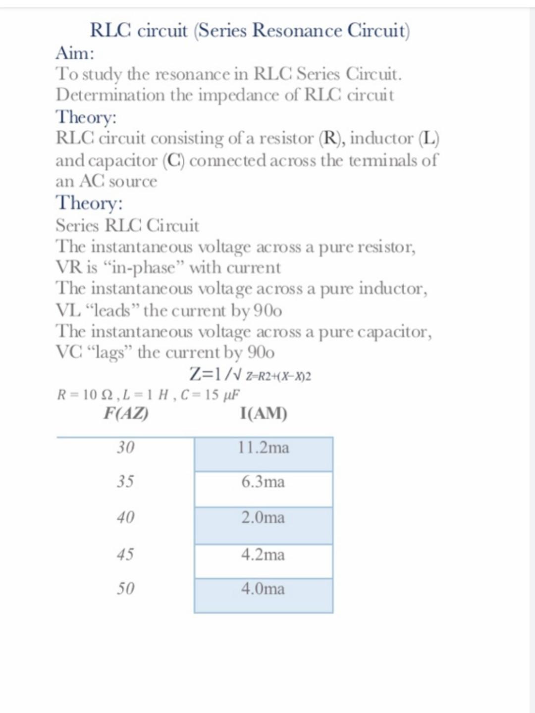 Solved RLC circuit Series Resonance Circuit Aim: To study | Chegg.com